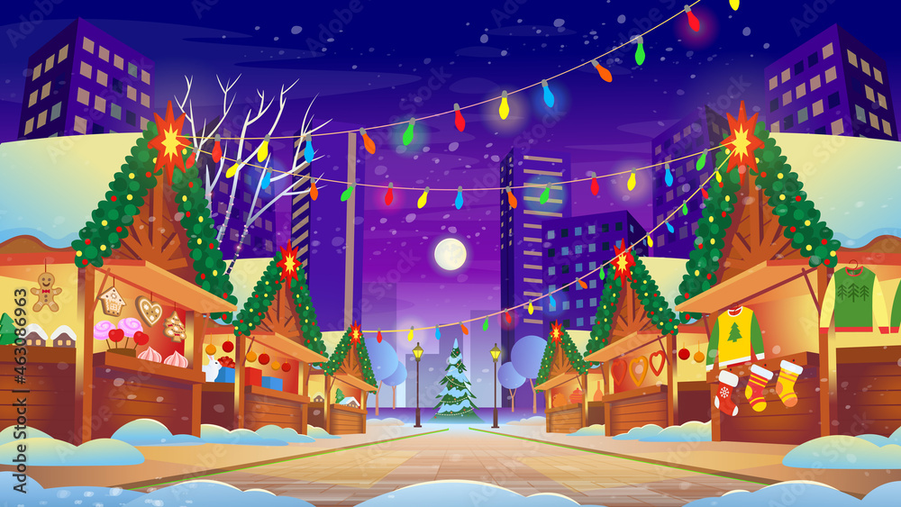 Christmas Market with lighting shopping traditional gifts, buying ...