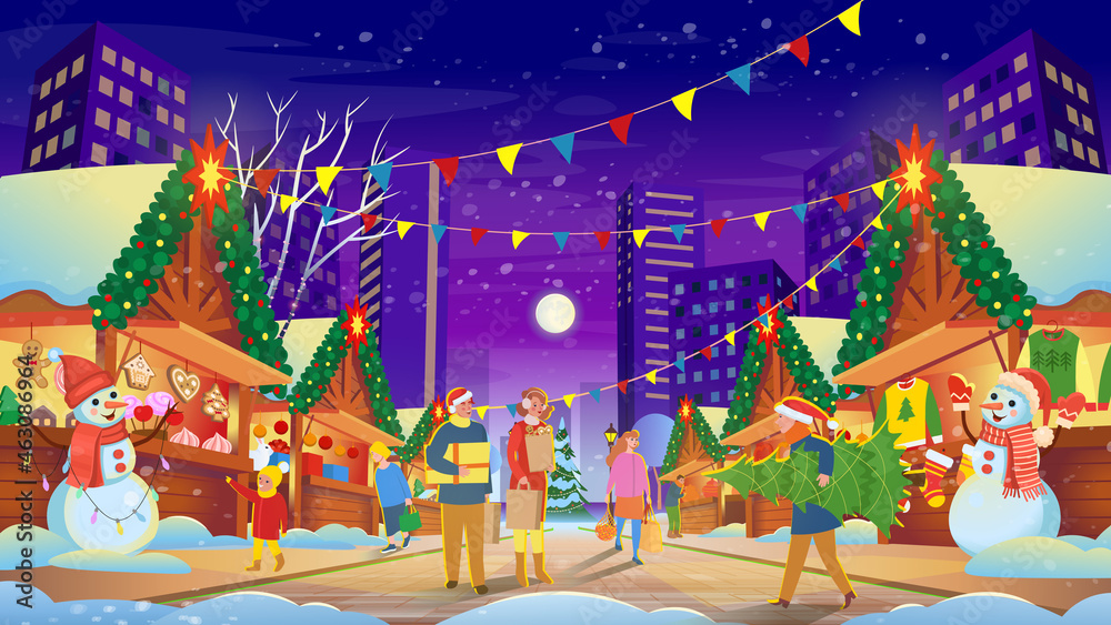 Vecteur Stock Christmas Market with lighting shopping traditional gifts ...
