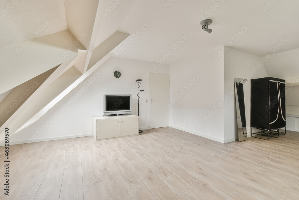 Modern room interior with furniture and attic window Stock Photo ...