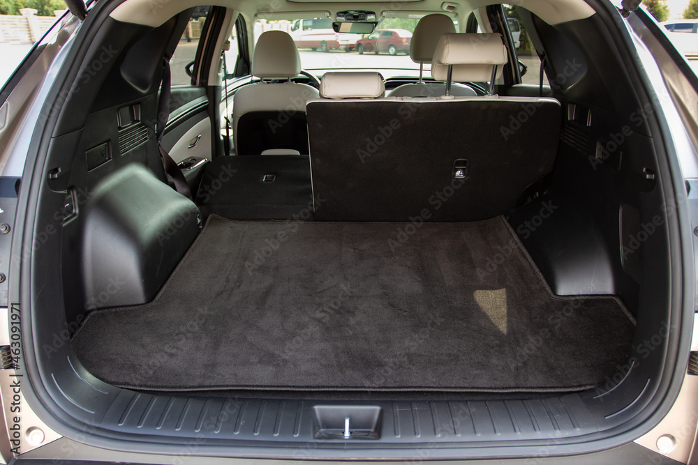 Huge, clean and empty car trunk of a modern compact suv. Rear view of a ...