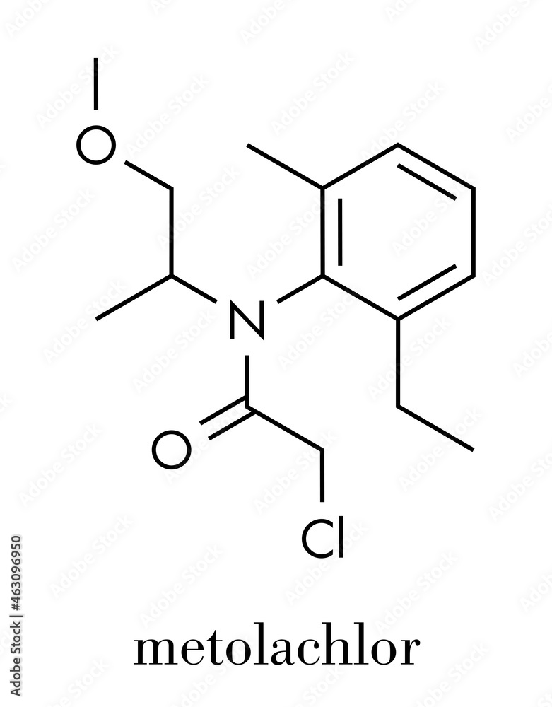 Metolachlor herbicide (weed killer) molecule. Skeletal formula. Stock ...