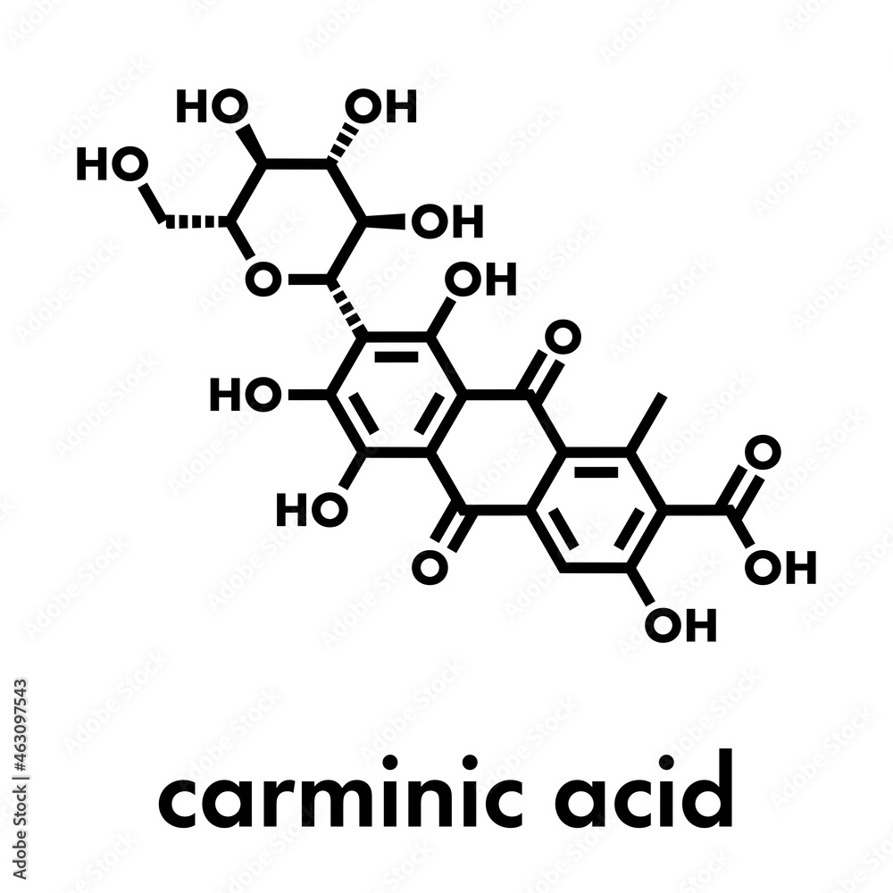 Carminic acid pigment molecule. Occurs naturally in cochineal (scale ...