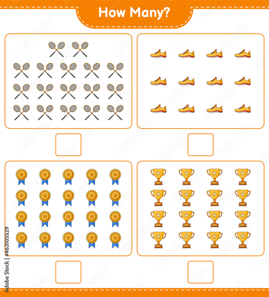 Counting game, how many Trophy, Running Shoes, and Badminton Rackets ...