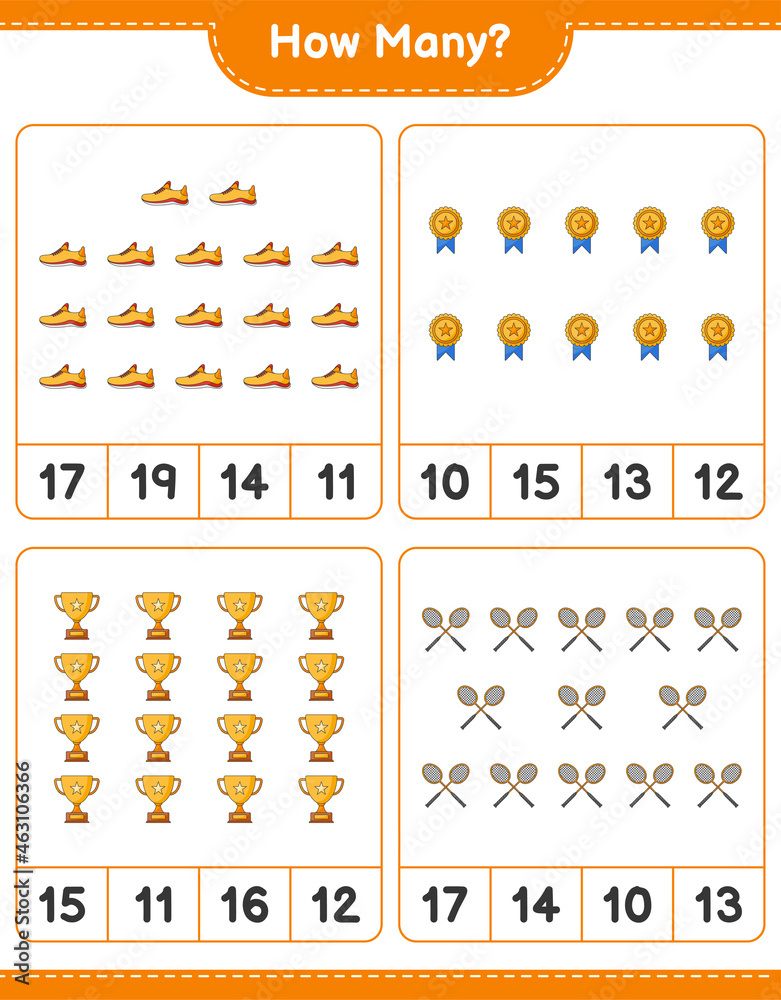 Counting game, how many Trophy, Running Shoes, and Badminton Rackets ...