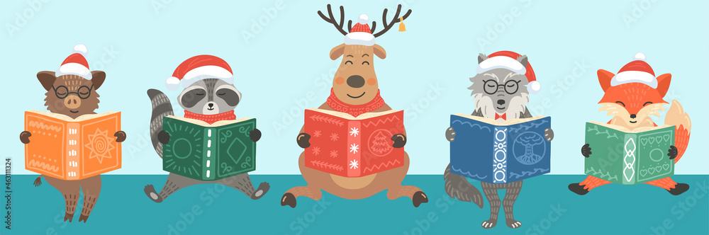 Christmas. Animals in Christmas hat read books. Children's xmas vector ...