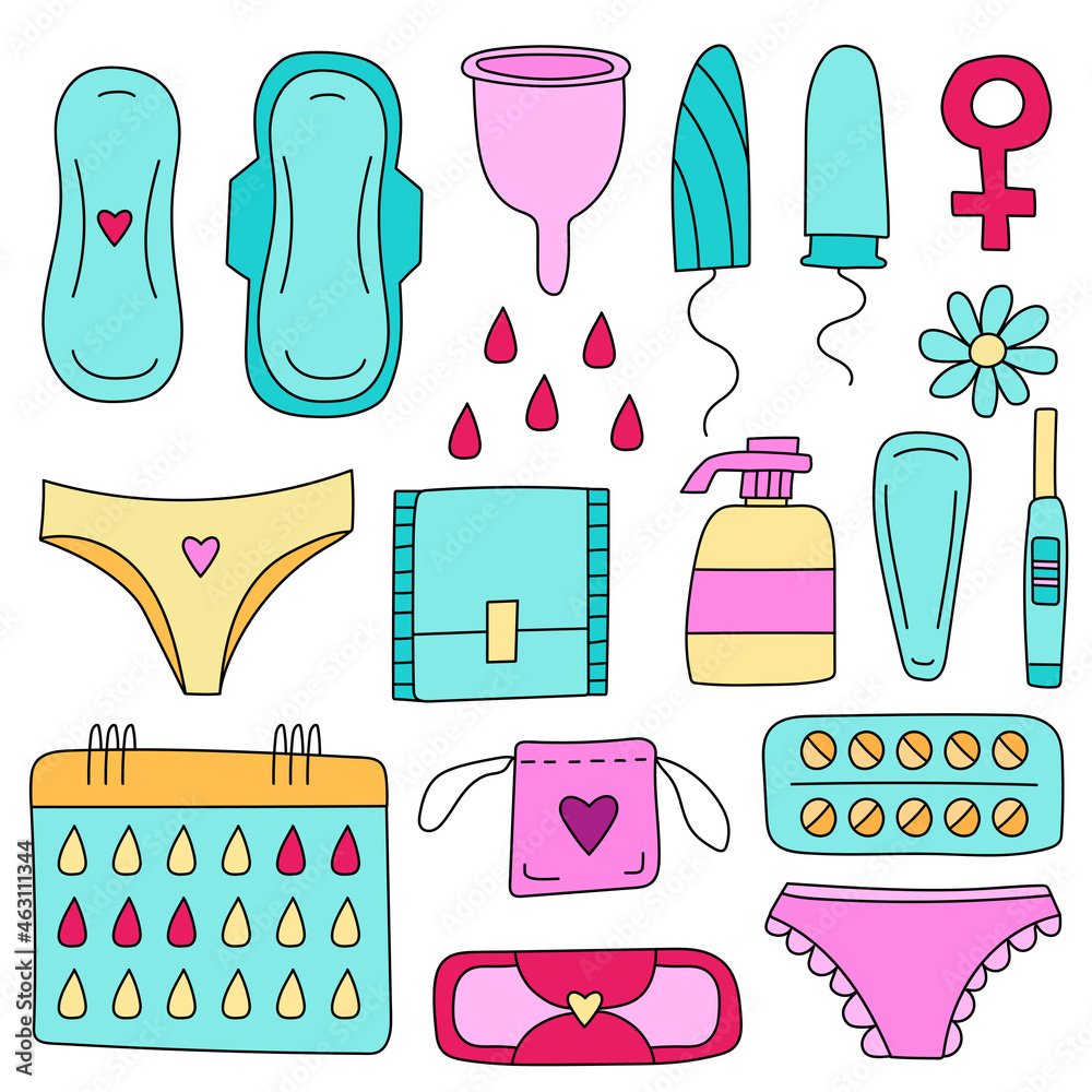Feminine hygiene vector set. Hand-drawn cartoon collection - sanitary ...