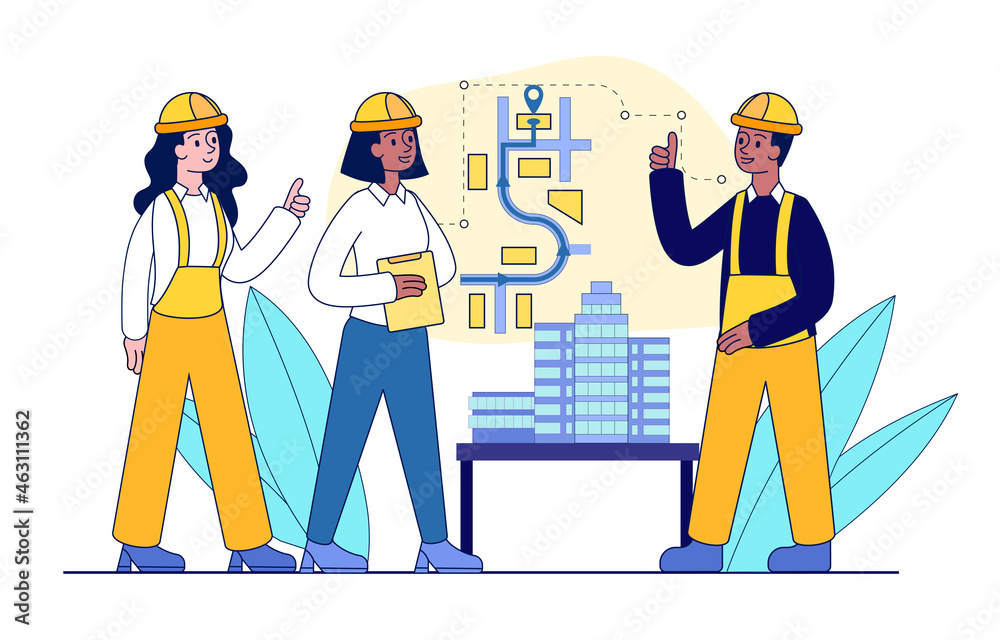 Workers at construction plan. Man explains process of building, floor ...