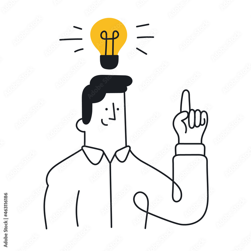 Man with a light bulb over his head. New idea, brainstorming, solution, problem solved, startup ...