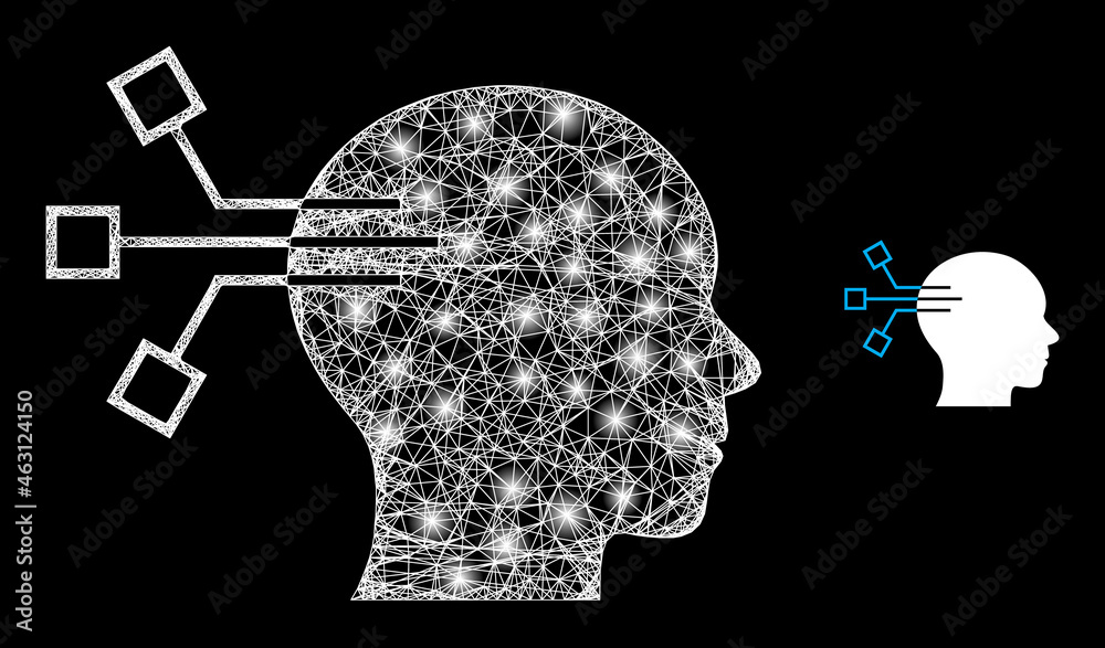 Glamour mesh vector brain link with glare effect. White mesh, glare ...