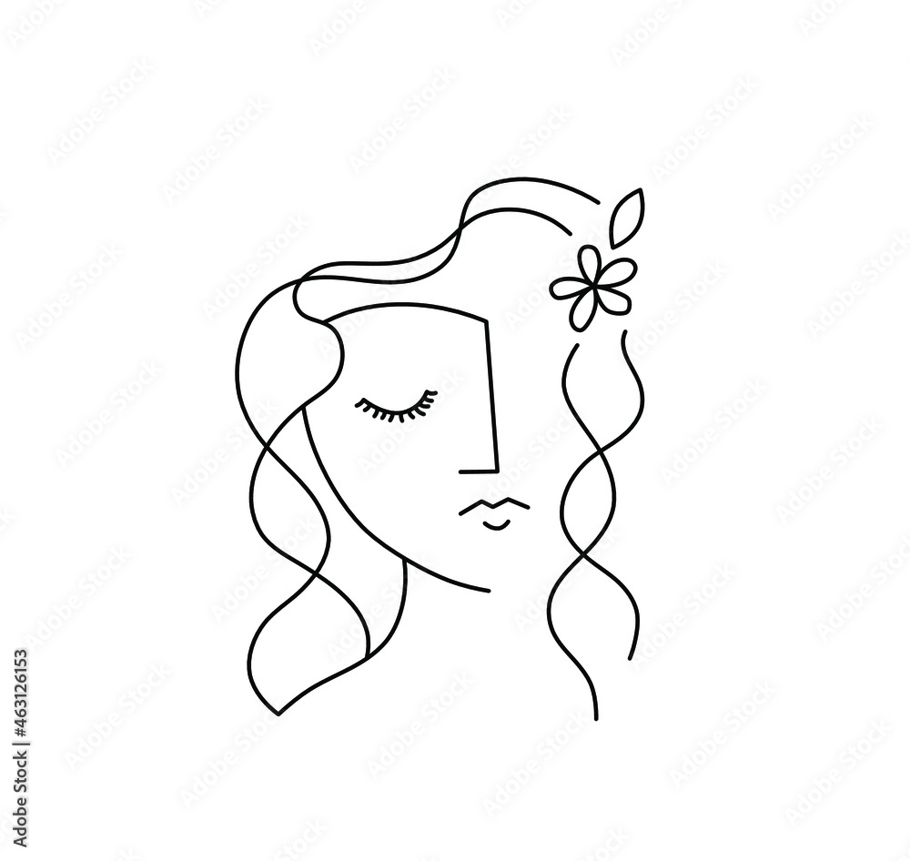 Vector isolated female face abstract line drawing. Colorless black and ...