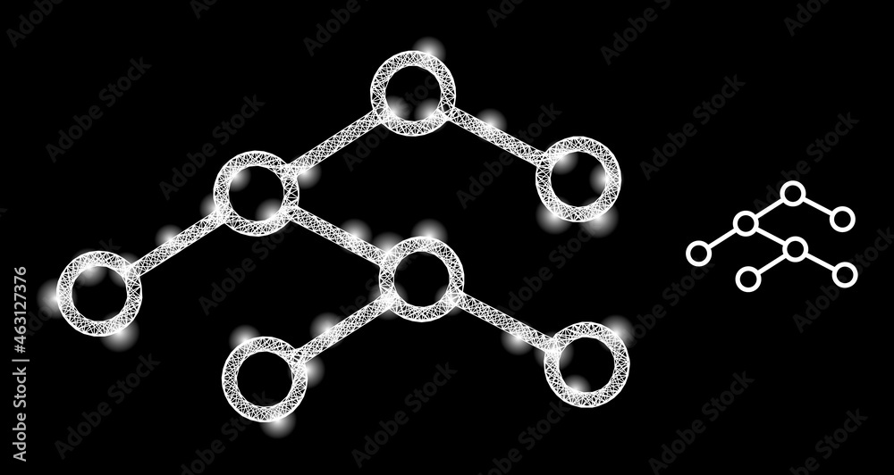 Magic mesh vector binary tree with glow effect. White mesh, glare spots ...