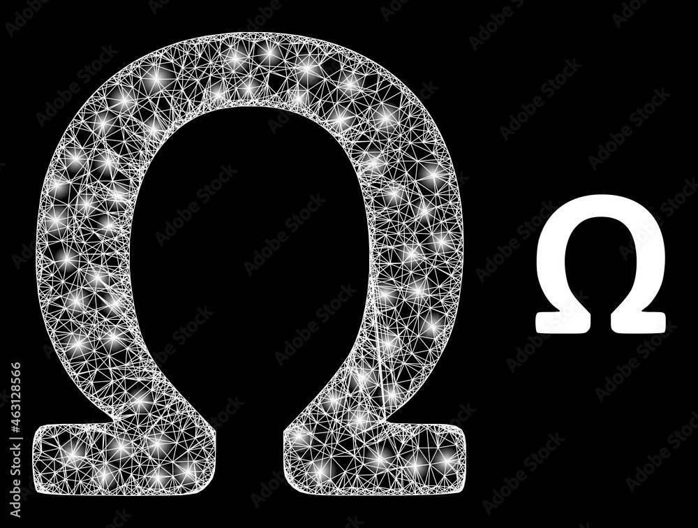 Glossy mesh vector Omega Greek symbol with glare effect. White mesh ...