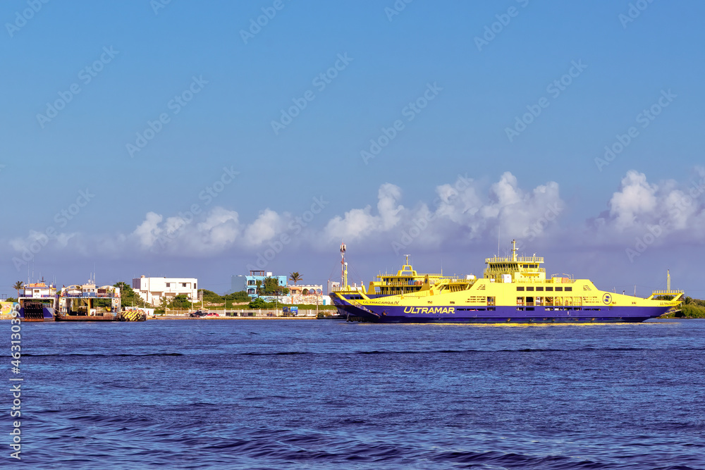 Ultramar ferry ships at terminal in Isla Mujeres, Mexico Stock Photo ...
