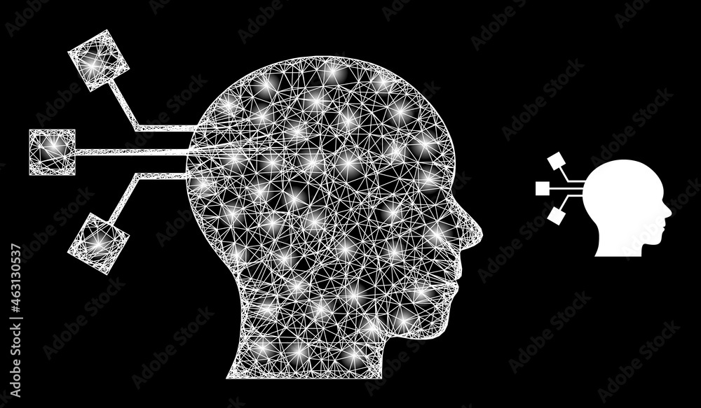 Bright mesh vector brain connection with glow effect. White mesh, glare ...