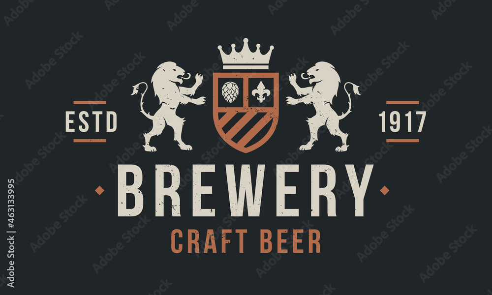 Brewery logo, emblem with heraldic lions. Vintage beer label. Poster ...