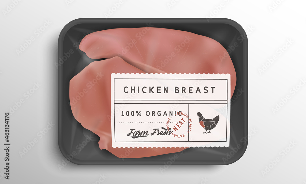 Chicken meat package mockup. Chicken meat label with hen silhouette ...