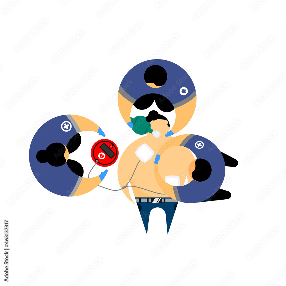 Cartoon character basic life support by threes provider. Unconscious ...
