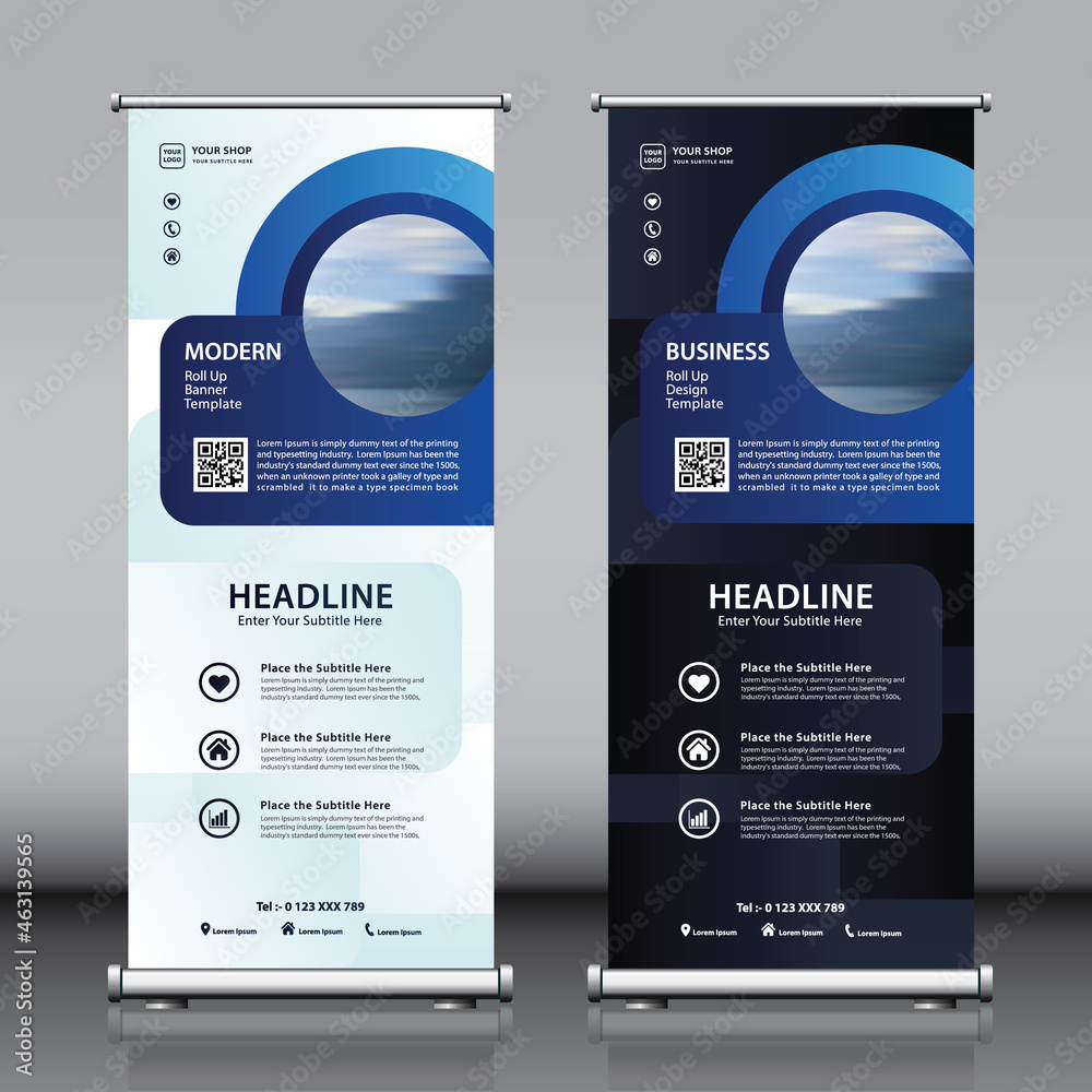 Roll up banner design with titles, description text and images ...