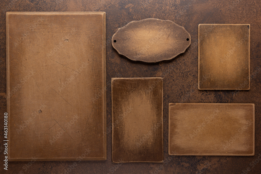 Wooden nameplate or sign board at wall background. Front view of name ...