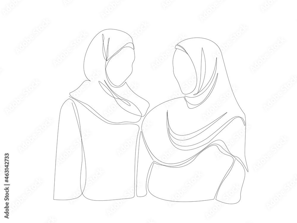 Modern abstract linear portrait of Muslim women in hijabs. Female with ...