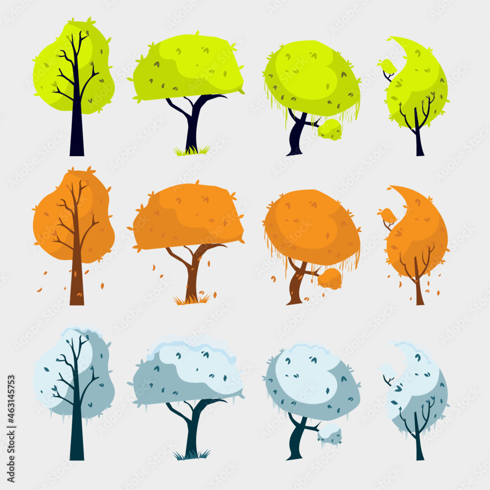 Collection of cartoony and vector trees in different seasons, game object trees Stock ...