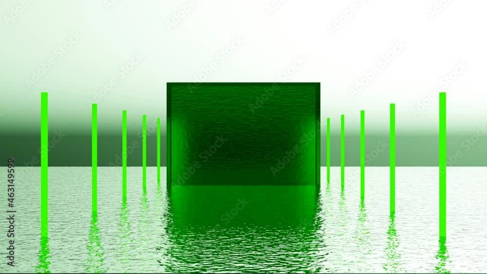 3D cube on surface of water. Design. Japanese-style animation with ...