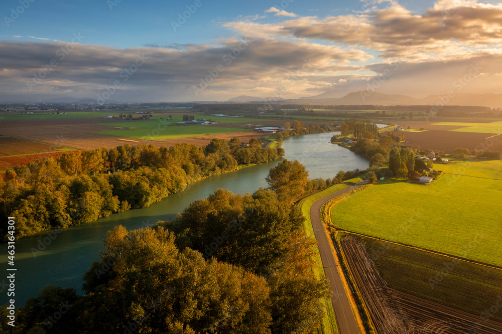 Autumn Morning on the Skagit River in the Skagit Valley. Aerial drone ...