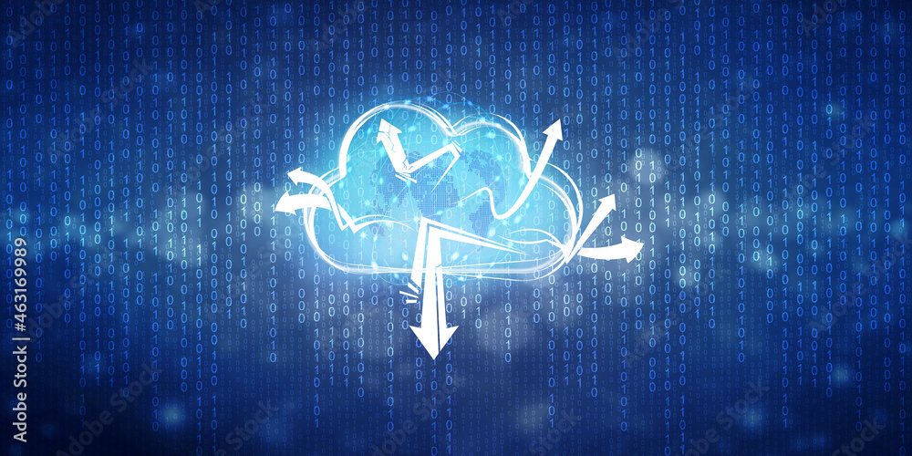 virtual cloud with a world map floating in front an abstract grid ...