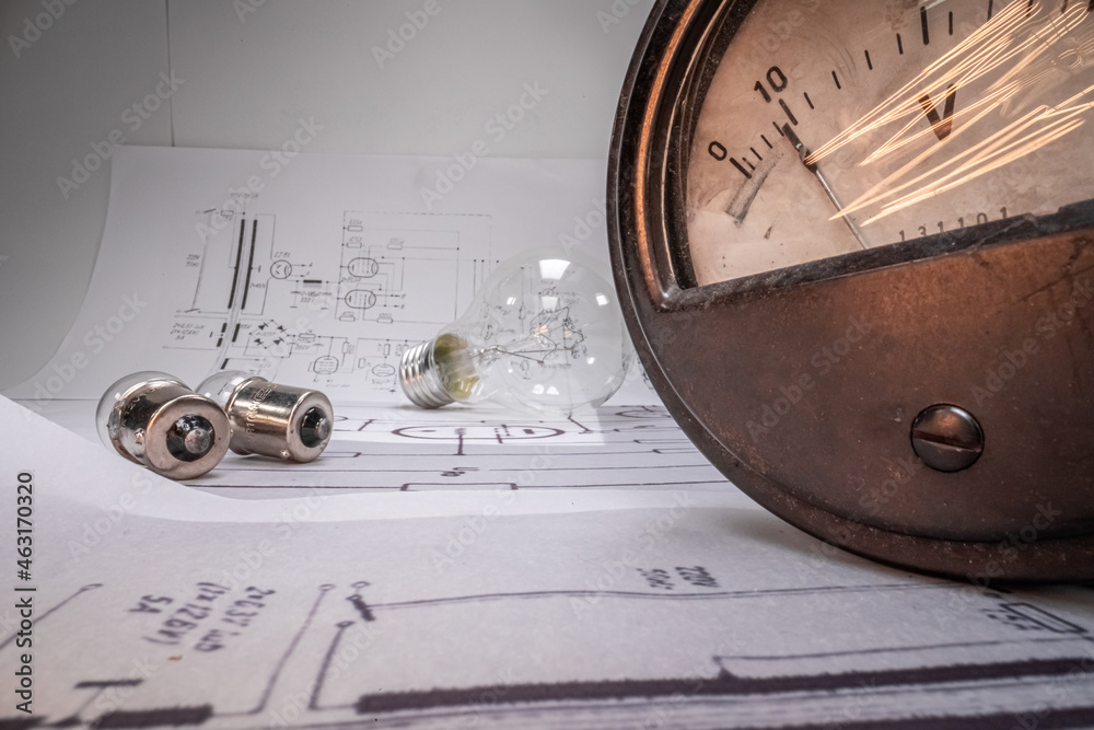 Low voltage light bulb with diagrams, fuses and cables Stock Photo ...