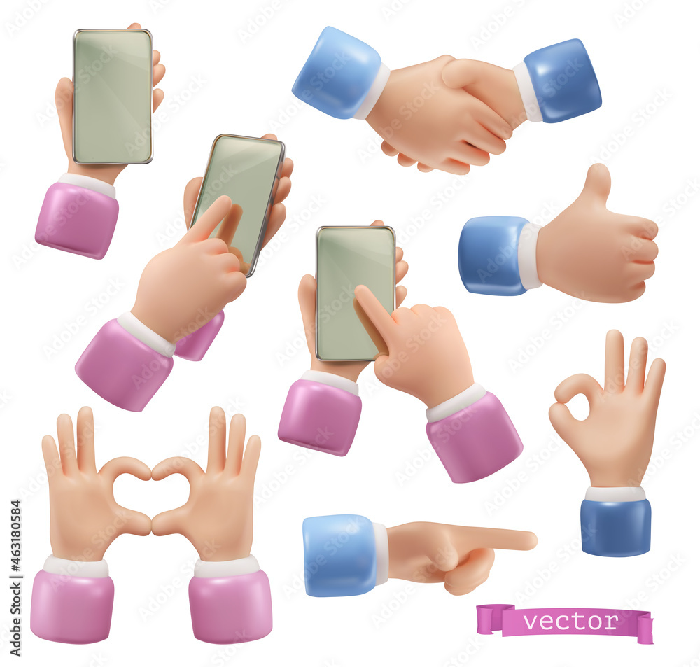 Hands with a mobile phone, handshake, heart sign, okay, thumb up ...