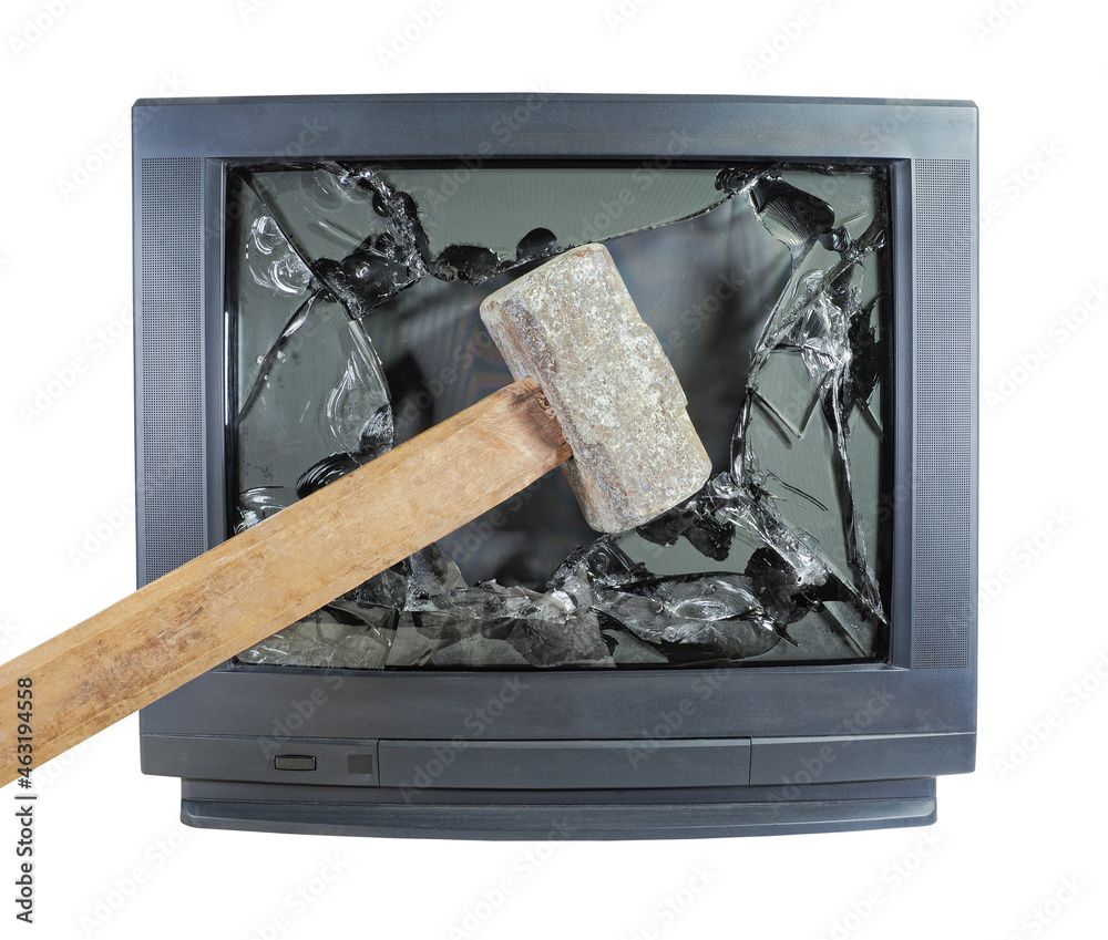 Smashed old kinescope television. Big sledgehammer smashes old TV ...