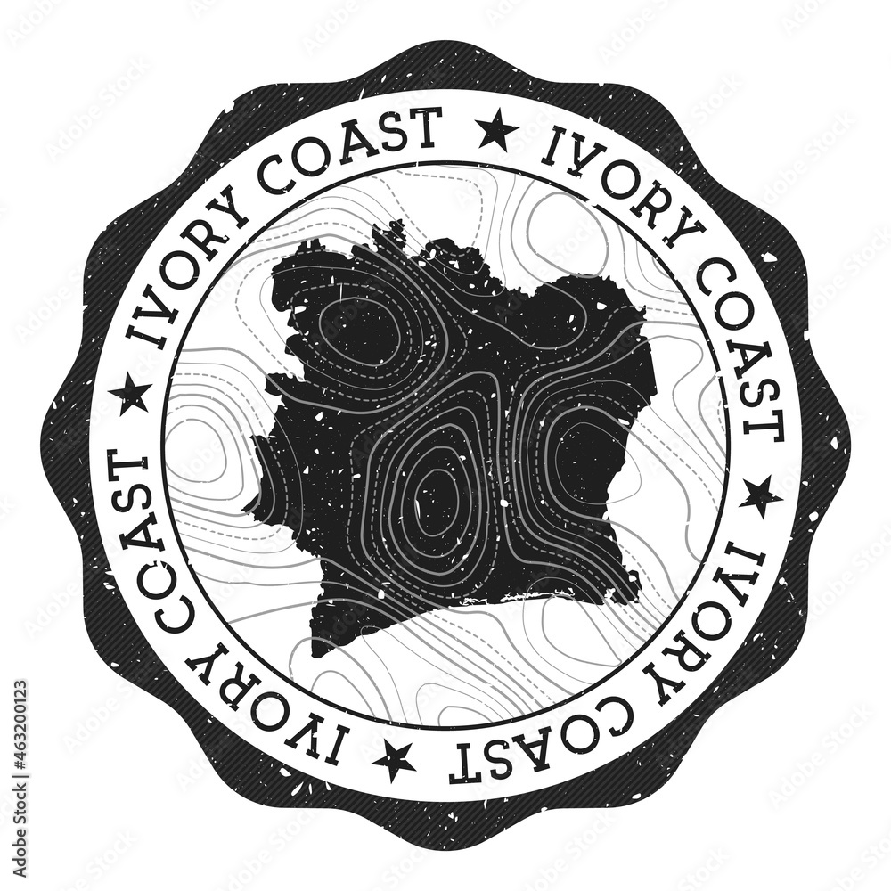 Ivory Coast outdoor stamp. Round sticker with map of country with ...
