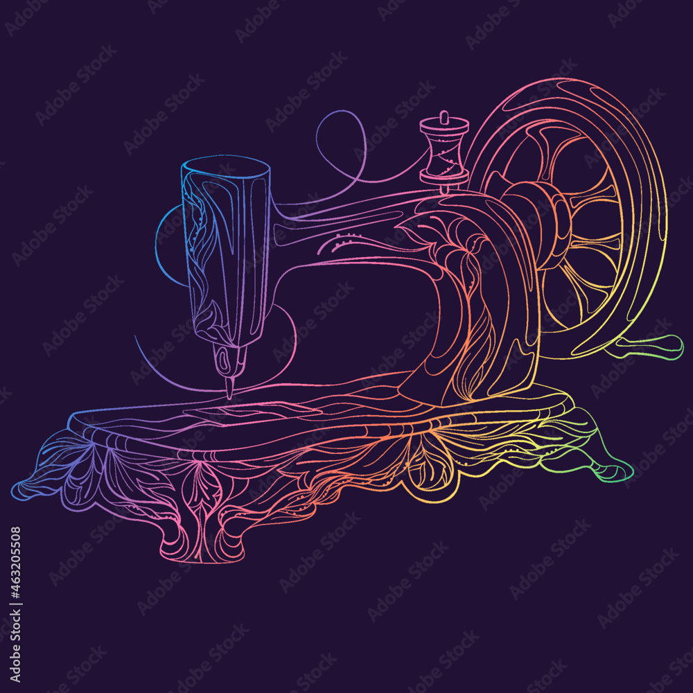 Vector illustration of a hand drawn vintage sewing machine decorated ...