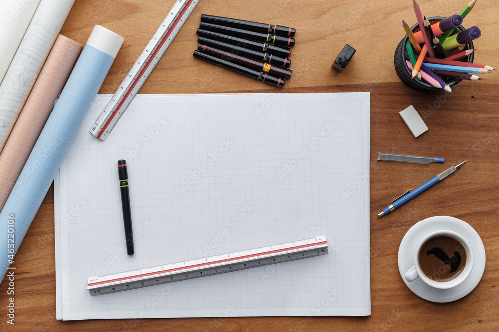 Top view of a drawing table with technical drawing accessories. Stock ...