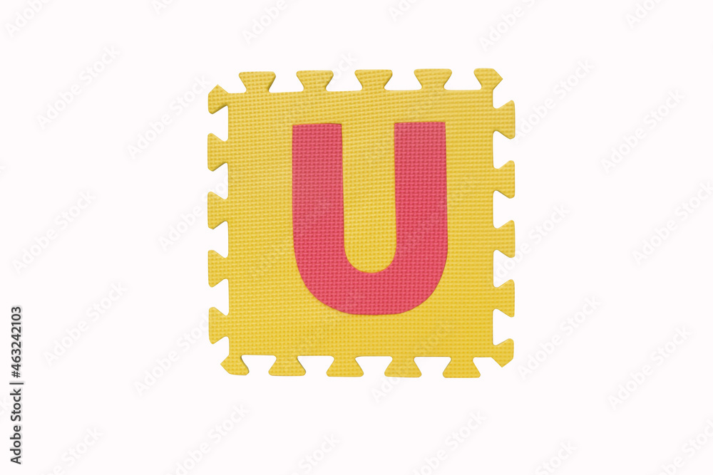 ''U" Isolated on white background. Jigsaw English red yellow alphabet ...