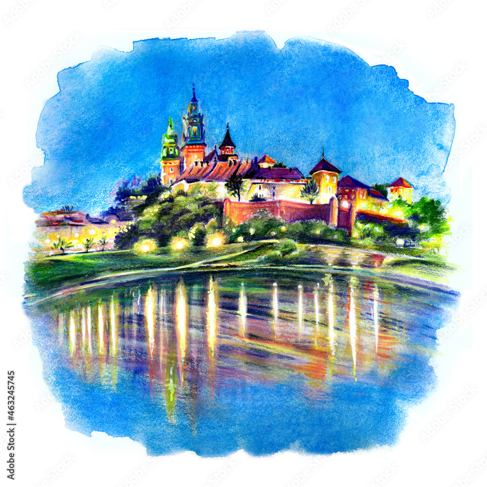 Watercolor sketch of Wawel Castle on Wawel Hill with reflection in the ...