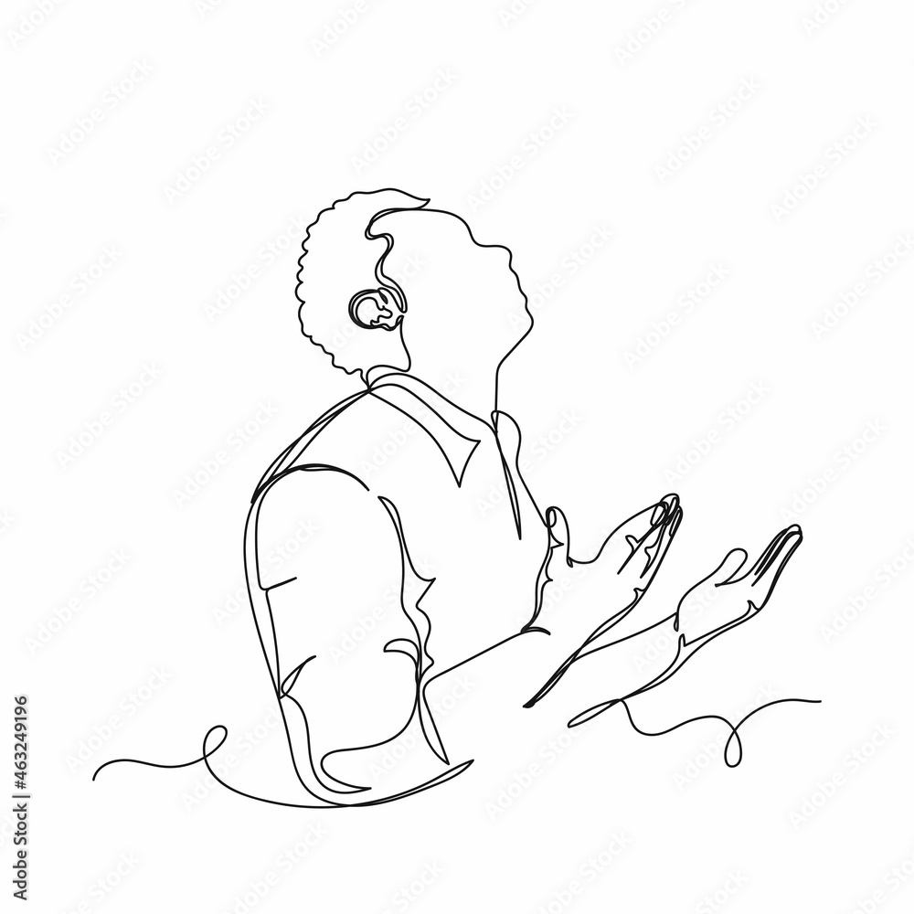 Continuous one single line drawing of man praying for thank God in ...