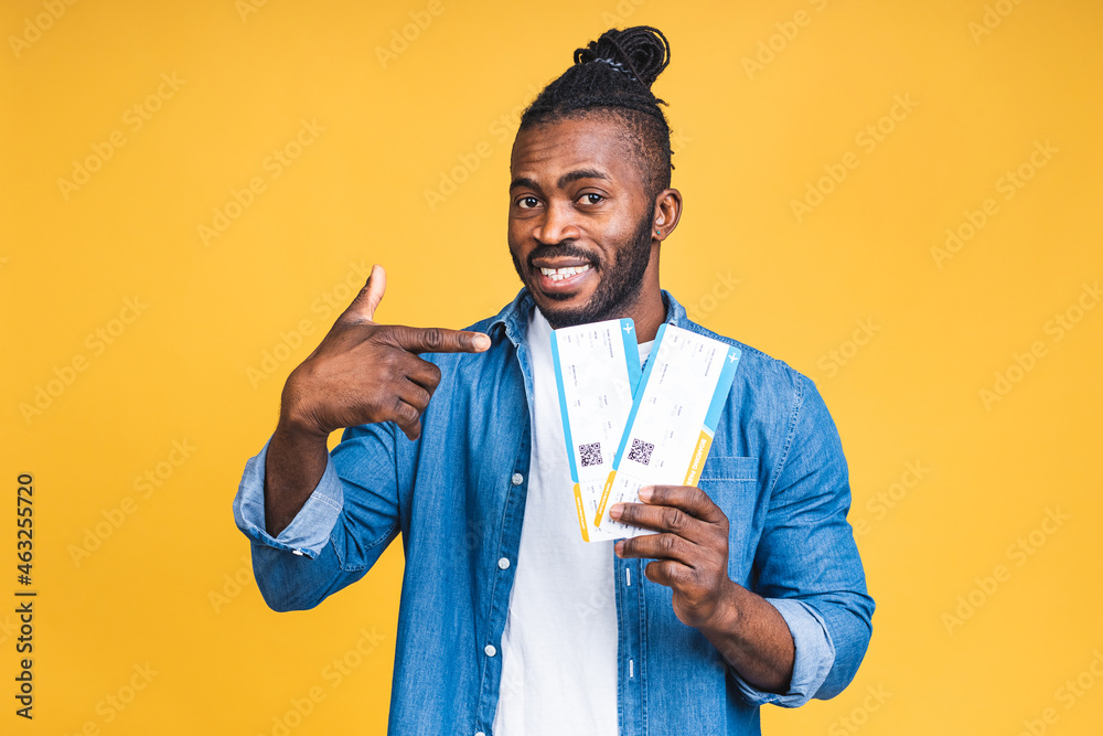 Young happy smiling African american black Man Holding Boarding Pass ...