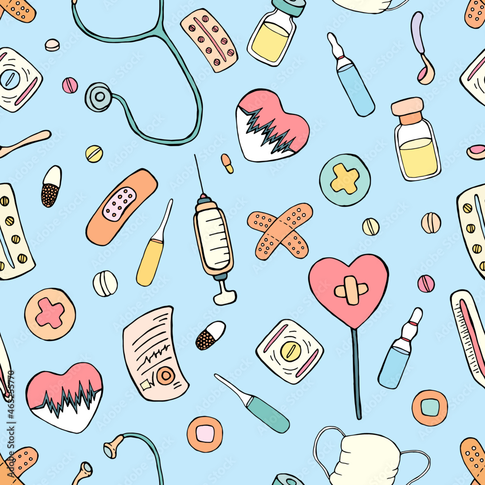 Cartoon colorful pattern with medical objects on a blue background ...