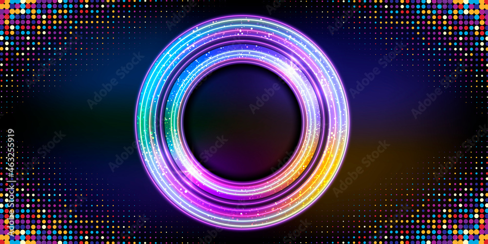 Neon circle with particles.Electric round frame.Disco banner with ...