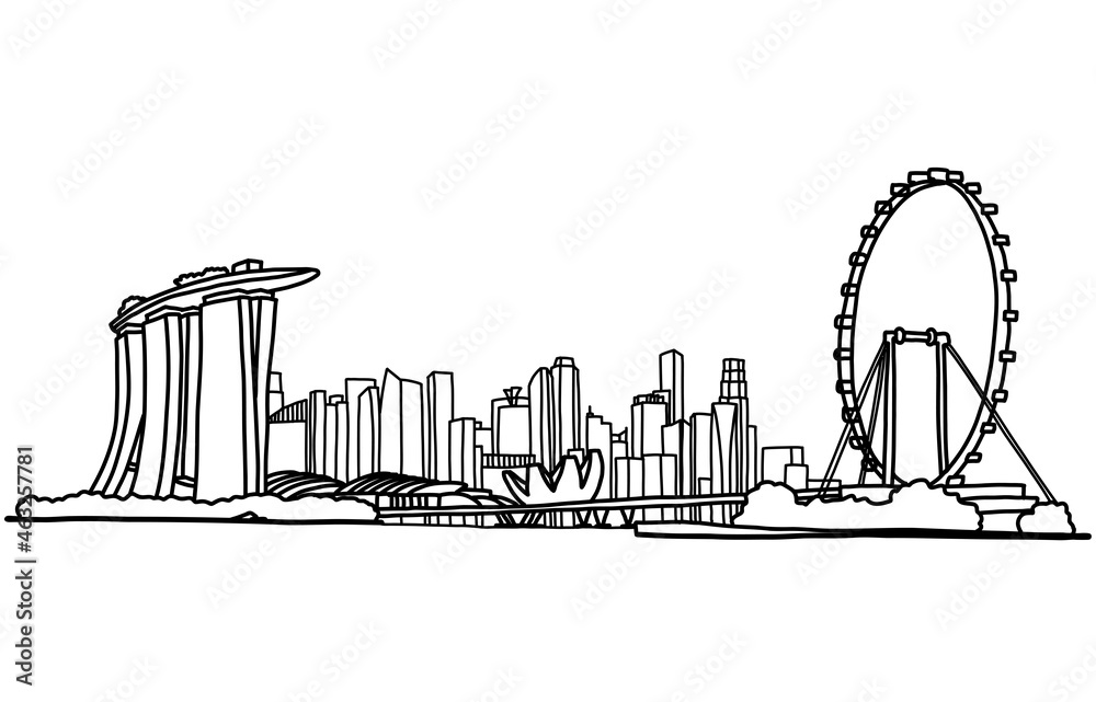 singapore cityscape skyline outline doodle drawing on white background ...