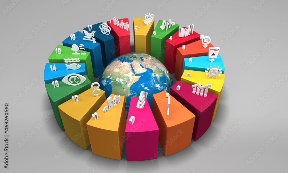 Colorful Sustainable Development Wheel over the earth isolated on white ...