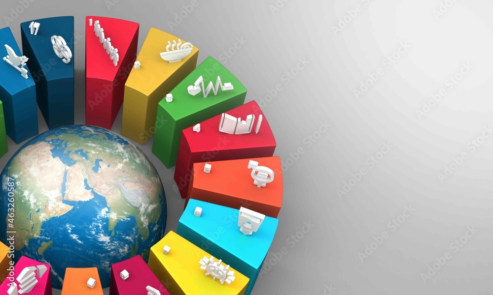 Colorful Sustainable Development Wheel over the earth isolated on white ...