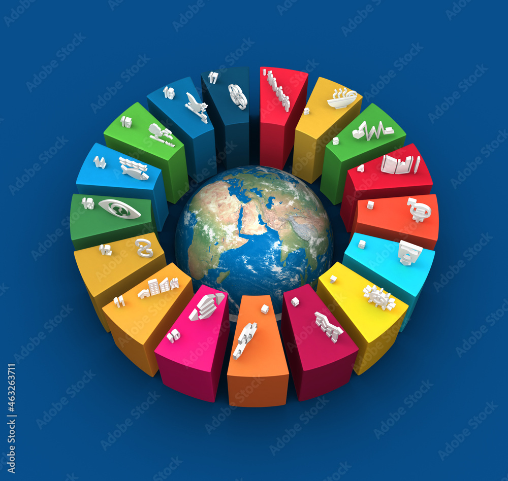 Colorful Sustainable Development Wheel over the earth on black ...