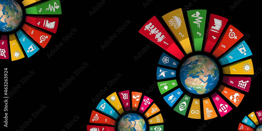 Colorful Sustainable Development Wheel over the earth on black ...