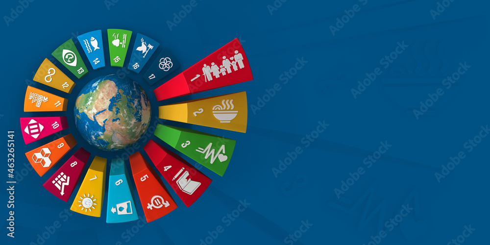Colorful Sustainable Development Wheel over the earth on black ...