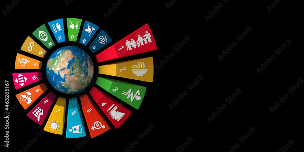 Colorful Sustainable Development Wheel over the earth on black ...