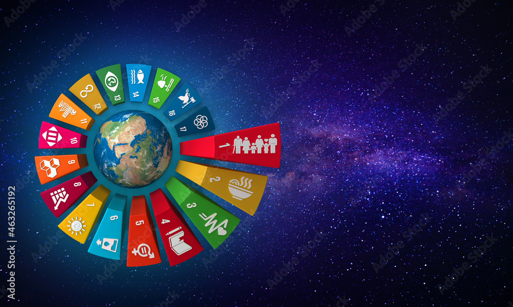 Colorful Sustainable Development Wheel over the earth on black ...