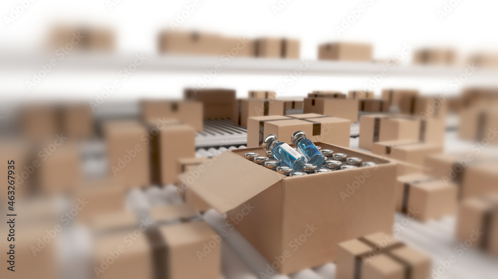 Covid19 Coronavirus vaccination bottles in package on conveyor belts ...