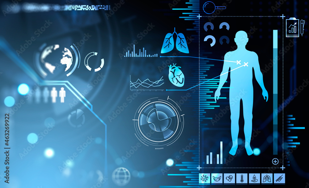 Digital interface with hologram of human body and hud icons Stock ...